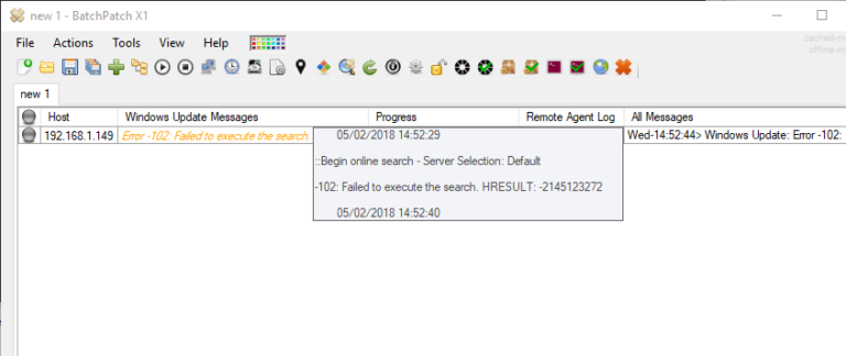 BatchPatch Error: -102: Failed to execute the search. HRESULT -XXXXXXXXXX